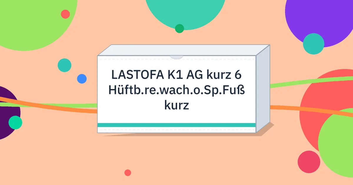 Symbolbild: Packung mit der Aufschrift LASTOFA K1 AG kurz 6 Hüftb.re.wach.o.Sp.Fuß kurz (PZN 13799192) – Verfügbarkeit und Bezug in Apotheken in Frankfurt am Main