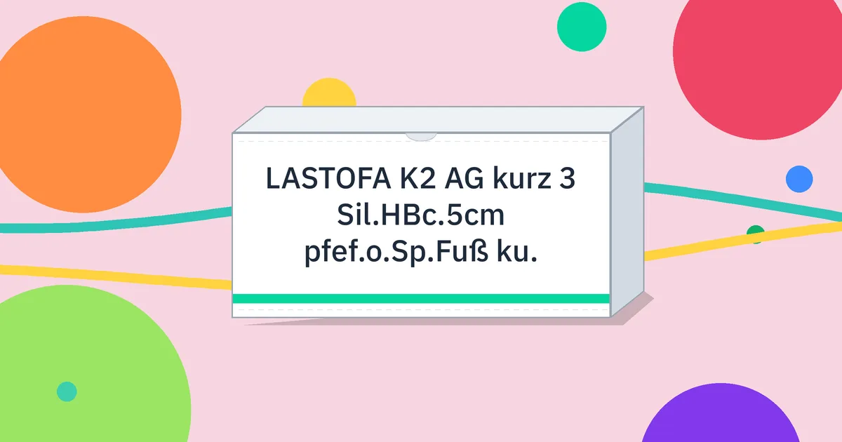 Symbolbild: Packung mit der Aufschrift LASTOFA K2 AG kurz 3 Sil.HBc.5cm pfef.o.Sp.Fuß ku. (PZN 13804875) – Verfügbarkeit und Bezug in Apotheken in Frankfurt am Main