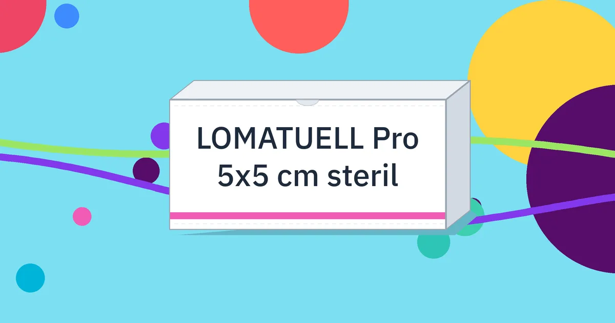 Symbolbild: Packung mit der Aufschrift LOMATUELL Pro 5x5 cm steril (PZN 17832271) – Verfügbarkeit und Bezug in Apotheken in Frankfurt am Main