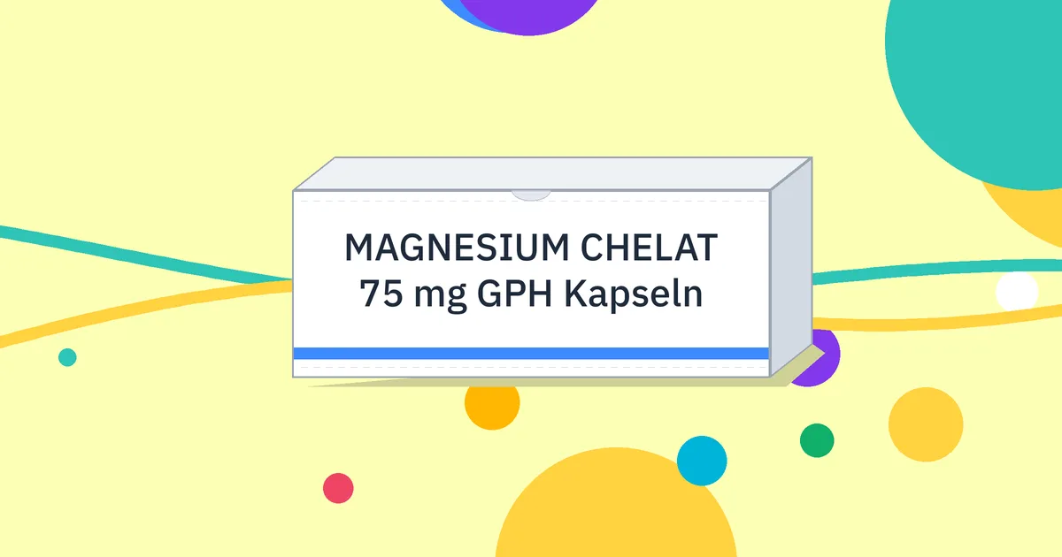 Symbolbild: Packung mit der Aufschrift MAGNESIUM CHELAT 75 mg GPH Kapseln (PZN 10081689) – Verfügbarkeit und Bezug in Apotheken in Frankfurt am Main