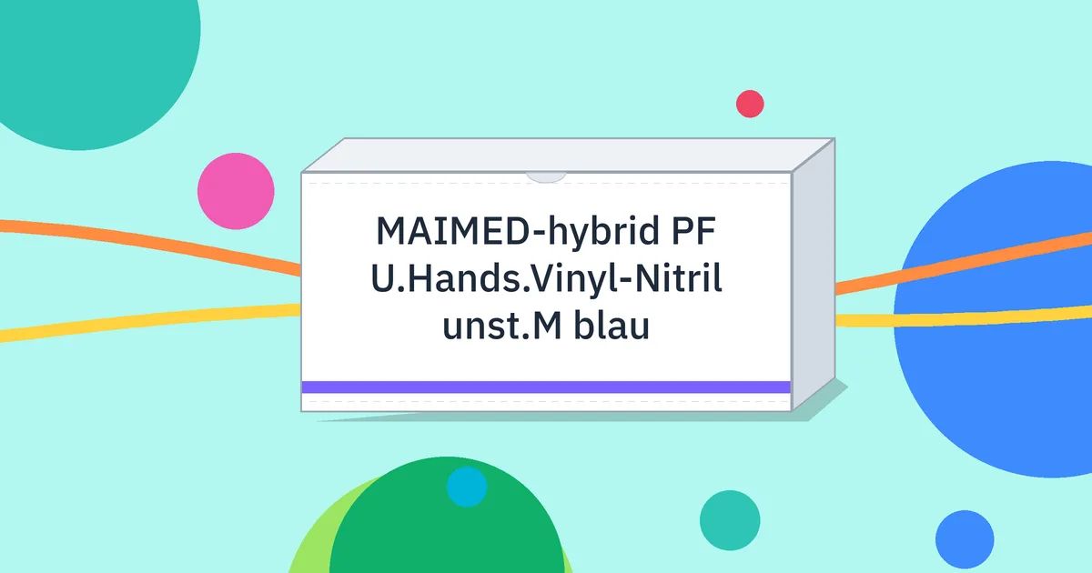 Symbolbild: Packung mit der Aufschrift MAIMED-hybrid PF U.Hands.Vinyl-Nitril unst.M blau (PZN 16932088) – Verfügbarkeit und Bezug in Apotheken in Frankfurt am Main