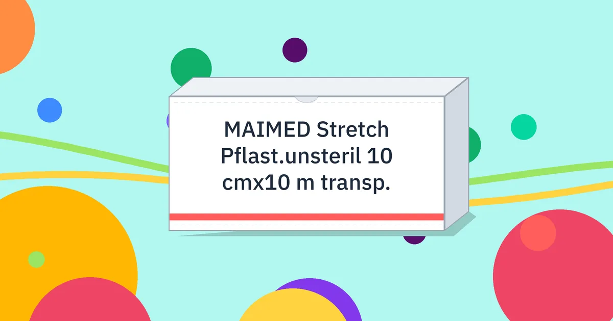 Symbolbild: Packung mit der Aufschrift MAIMED Stretch Pflast.unsteril 10 cmx10 m transp. (PZN 09100708) – Verfügbarkeit und Bezug in Apotheken in Frankfurt am Main