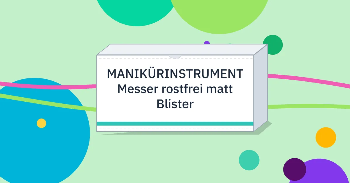 Symbolbild: Packung mit der Aufschrift MANIKÜRINSTRUMENT Messer rostfrei matt Blister (PZN 10349005) – Verfügbarkeit und Bezug in Apotheken in Frankfurt am Main