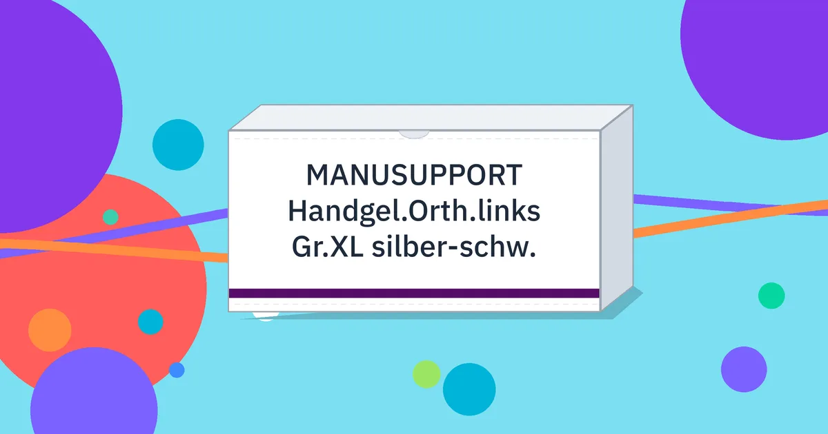 Symbolbild: Packung mit der Aufschrift MANUSUPPORT Handgel.Orth.links Gr.XL silber-schw. (PZN 11096954) – Verfügbarkeit und Bezug in Apotheken in Frankfurt am Main