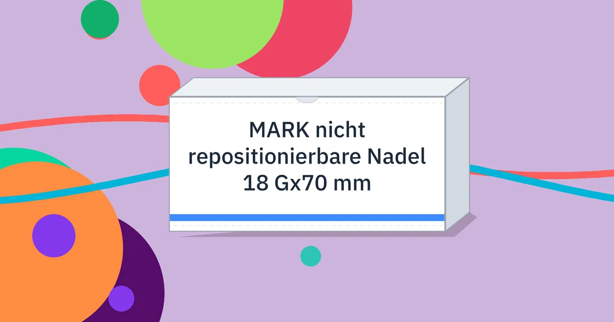 Symbolbild: Packung mit der Aufschrift MARK nicht repositionierbare Nadel 18 Gx70 mm (PZN 19736531) – Verfügbarkeit und Bezug in Apotheken in Frankfurt am Main