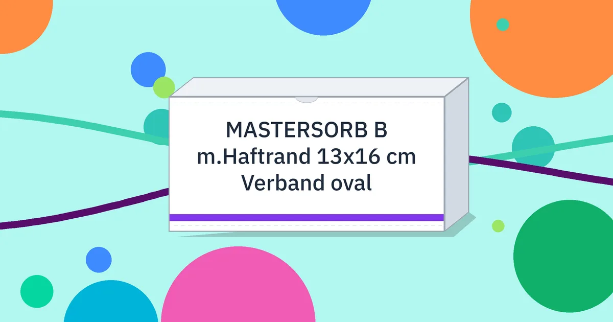 Symbolbild: Packung mit der Aufschrift MASTERSORB B m.Haftrand 13x16 cm Verband oval (PZN 20390960) – Verfügbarkeit und Bezug in Apotheken in Frankfurt am Main