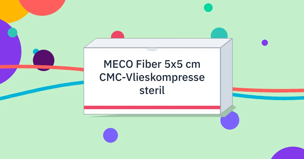 Symbolbild: Packung mit der Aufschrift MECO Fiber 5x5 cm CMC-Vlieskompresse steril (PZN 20084855) – Verfügbarkeit und Bezug in Apotheken in Frankfurt am Main