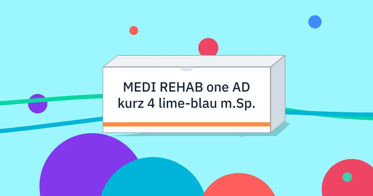 Symbolbild: Packung mit der Aufschrift MEDI REHAB one AD kurz 4 lime-blau m.Sp. (PZN 16753486) – Verfügbarkeit und Bezug in Apotheken in Frankfurt am Main