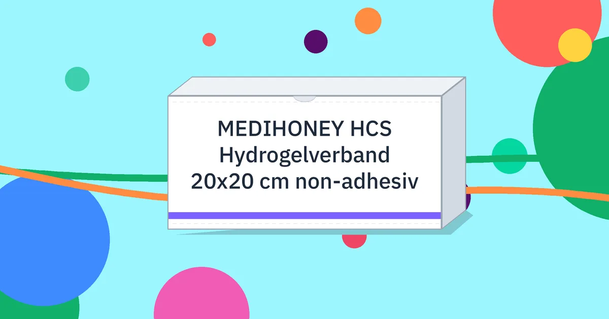 Symbolbild: Packung mit der Aufschrift MEDIHONEY HCS Hydrogelverband 20x20 cm non-adhesiv (PZN 11483088) – Verfügbarkeit und Bezug in Apotheken in Frankfurt am Main