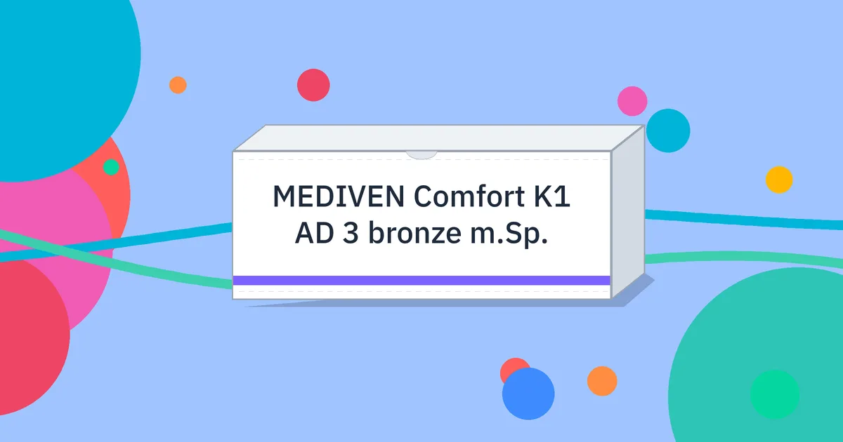 Symbolbild: Packung mit der Aufschrift MEDIVEN Comfort K1 AD 3 bronze m.Sp. (PZN 14559188) – Verfügbarkeit und Bezug in Apotheken in Frankfurt am Main