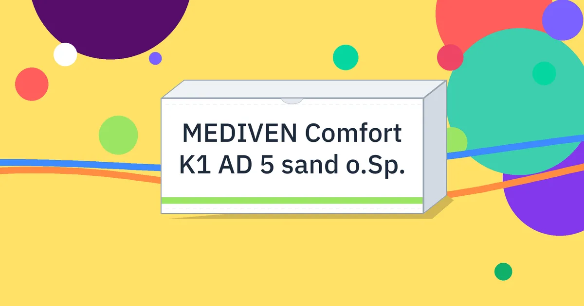 Symbolbild: Packung mit der Aufschrift MEDIVEN Comfort K1 AD 5 sand o.Sp. (PZN 19005715) – Verfügbarkeit und Bezug in Apotheken in Frankfurt am Main