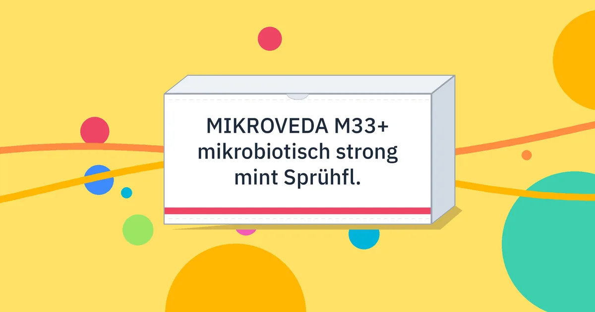 Symbolbild: Packung mit der Aufschrift MIKROVEDA M33+ mikrobiotisch strong mint Sprühfl. (PZN 17955536) – Verfügbarkeit und Bezug in Apotheken in Frankfurt am Main
