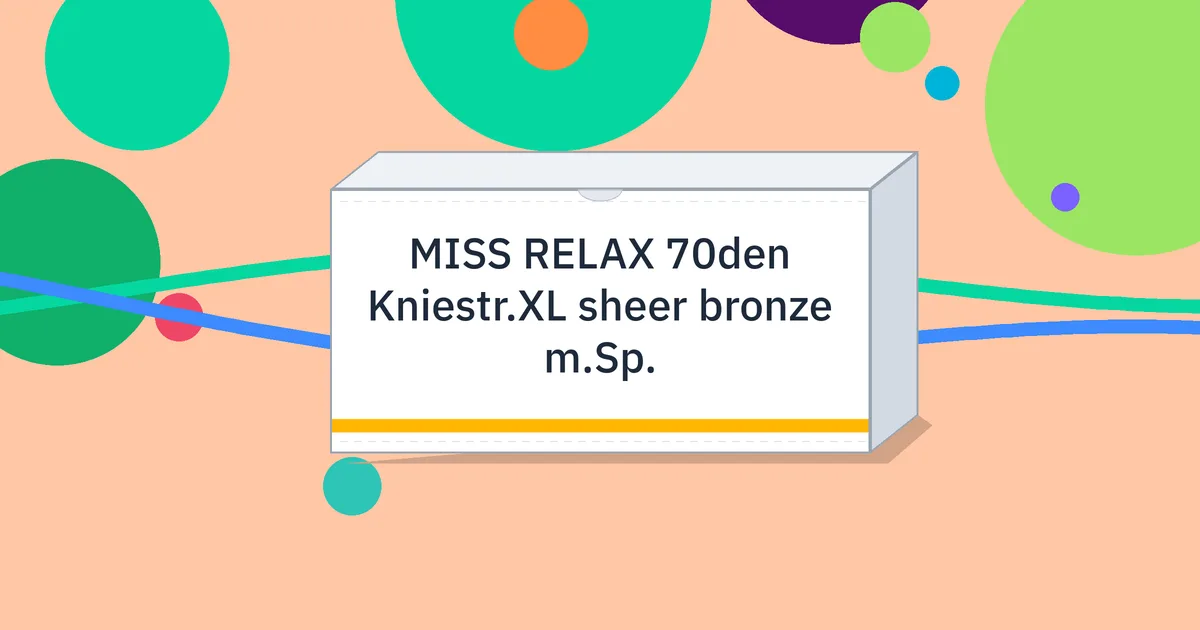 Symbolbild: Packung mit der Aufschrift MISS RELAX 70den Kniestr.XL sheer bronze m.Sp. (PZN 20720305) – Verfügbarkeit und Bezug in Apotheken in Frankfurt am Main