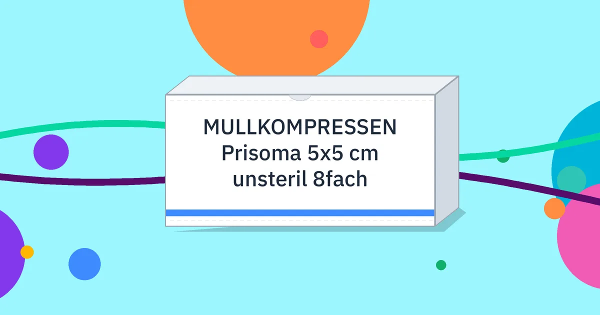 Symbolbild: Packung mit der Aufschrift MULLKOMPRESSEN Prisoma 5x5 cm unsteril 8fach (PZN 18752077) – Verfügbarkeit und Bezug in Apotheken in Frankfurt am Main