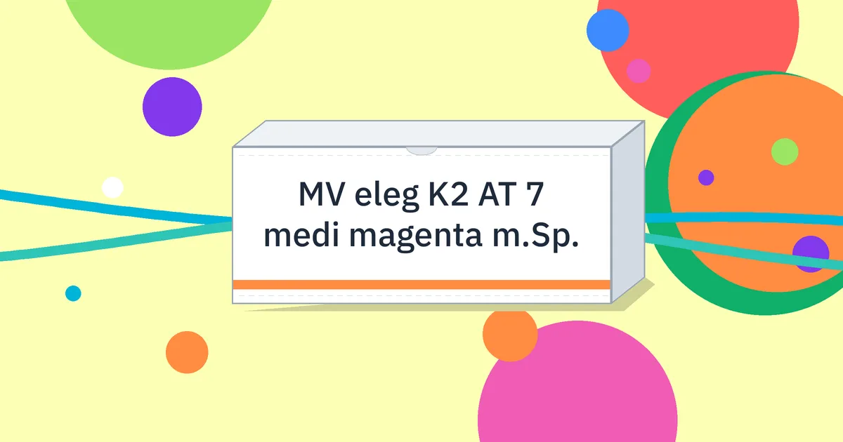 Symbolbild: Packung mit der Aufschrift MV eleg K2 AT 7 medi magenta m.Sp. (PZN 14625962) – Verfügbarkeit und Bezug in Apotheken in Frankfurt am Main