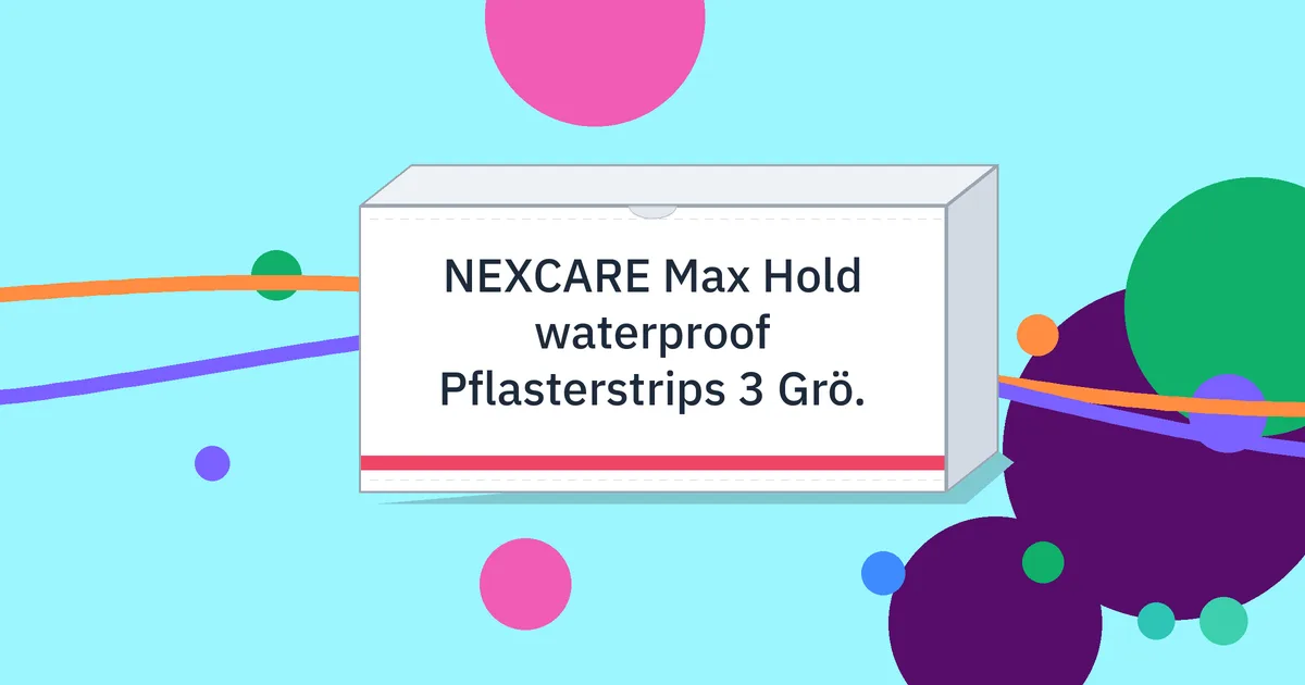 Symbolbild: Packung mit der Aufschrift NEXCARE Max Hold waterproof Pflasterstrips 3 Grö. (PZN 16383546) – Verfügbarkeit und Bezug in Apotheken in Frankfurt am Main