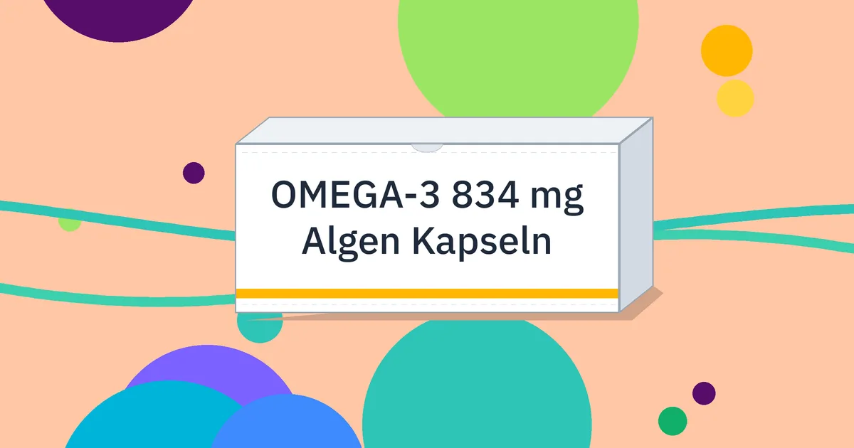 Symbolbild: Packung mit der Aufschrift OMEGA-3 834 mg Algen Kapseln (PZN 18665906) – Verfügbarkeit und Bezug in Apotheken in Frankfurt am Main