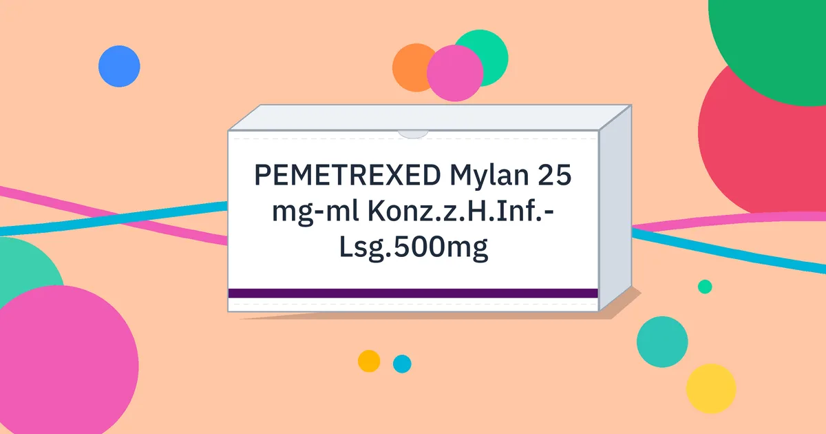 Symbolbild: Packung mit der Aufschrift PEMETREXED Mylan 25 mg-ml Konz.z.H.Inf.-Lsg.500mg (PZN 15629873) – Verfügbarkeit und Bezug in Apotheken in Frankfurt am Main