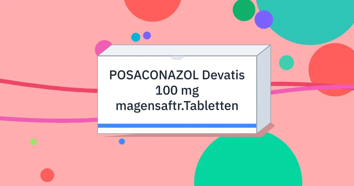 Symbolbild: Packung mit der Aufschrift POSACONAZOL Devatis 100 mg magensaftr.Tabletten (PZN 19500969) – Verfügbarkeit und Bezug in Apotheken in Frankfurt am Main