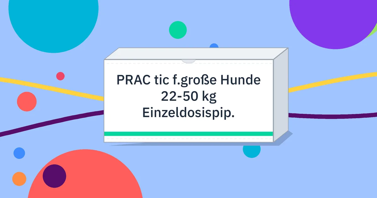 Symbolbild: Packung mit der Aufschrift PRAC tic f.große Hunde 22-50 kg Einzeldosispip. (PZN 03864735) – Verfügbarkeit und Bezug in Apotheken in Frankfurt am Main