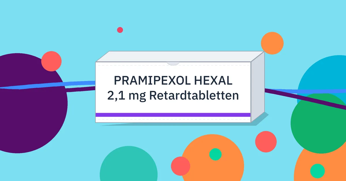 Symbolbild: Packung mit der Aufschrift PRAMIPEXOL HEXAL 2,1 mg Retardtabletten (PZN 08455065) – Verfügbarkeit und Bezug in Apotheken in Frankfurt am Main