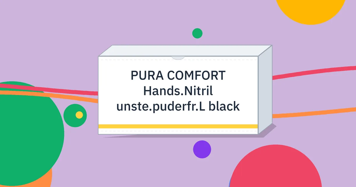 Symbolbild: Packung mit der Aufschrift PURA COMFORT Hands.Nitril unste.puderfr.L black (PZN 15432952) – Verfügbarkeit und Bezug in Apotheken in Frankfurt am Main