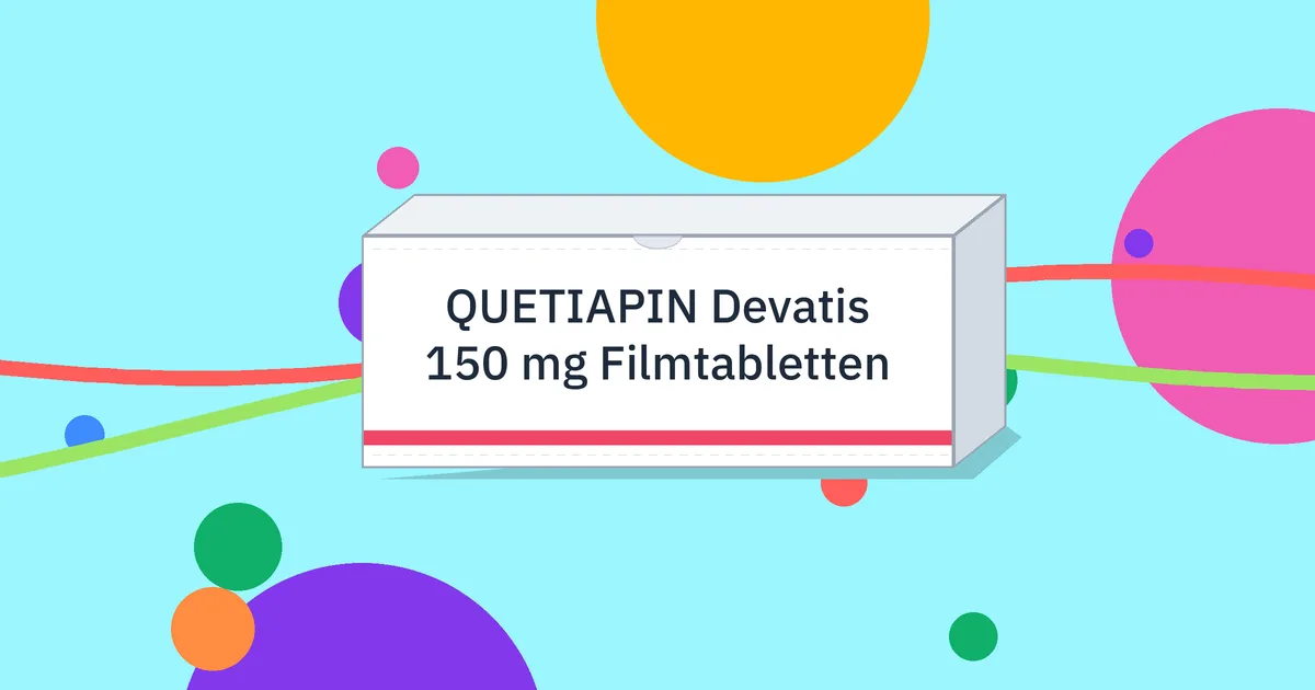 Symbolbild: Packung mit der Aufschrift QUETIAPIN Devatis 150 mg Filmtabletten (PZN 17235813) – Verfügbarkeit und Bezug in Apotheken in Frankfurt am Main