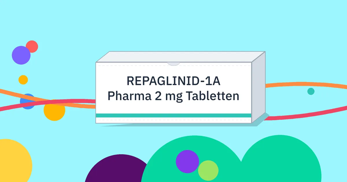 Symbolbild: Packung mit der Aufschrift REPAGLINID-1A Pharma 2 mg Tabletten (PZN 09121231) – Verfügbarkeit und Bezug in Apotheken in Frankfurt am Main