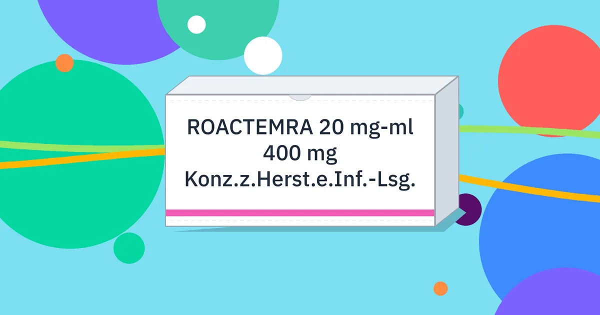 Symbolbild: Packung mit der Aufschrift ROACTEMRA 20 mg-ml 400 mg Konz.z.Herst.e.Inf.-Lsg. (PZN 07286809) – Verfügbarkeit und Bezug in Apotheken in Frankfurt am Main