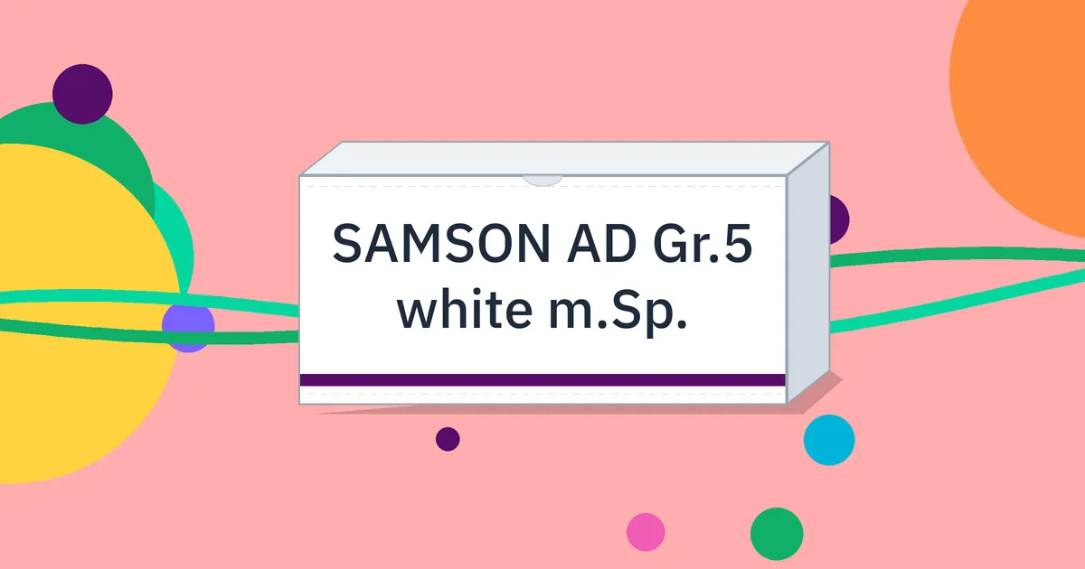 Symbolbild: Packung mit der Aufschrift SAMSON AD Gr.5 white m.Sp. (PZN 14248838) – Verfügbarkeit und Bezug in Apotheken in Frankfurt am Main