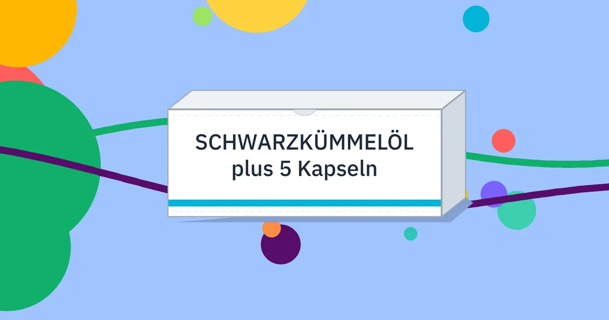 Symbolbild: Packung mit der Aufschrift SCHWARZKÜMMELÖL plus 5 Kapseln (PZN 01503281) – Verfügbarkeit und Bezug in Apotheken in Frankfurt am Main