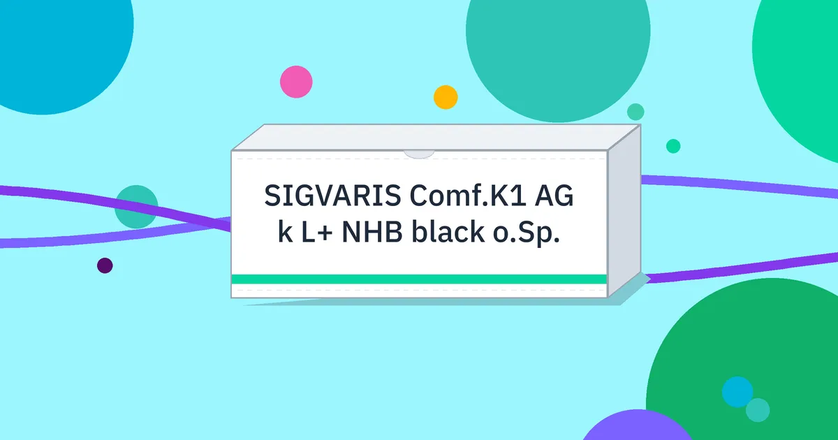 Symbolbild: Packung mit der Aufschrift SIGVARIS Comf.K1 AG k L+ NHB black o.Sp. (PZN 17099801) – Verfügbarkeit und Bezug in Apotheken in Frankfurt am Main