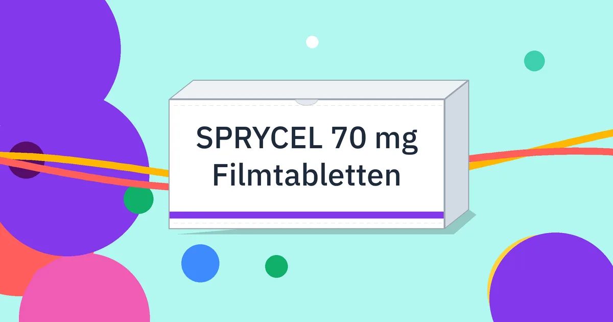 Symbolbild: Packung mit der Aufschrift SPRYCEL 70 mg Filmtabletten (PZN 15612559) – Verfügbarkeit und Bezug in Apotheken in Frankfurt am Main