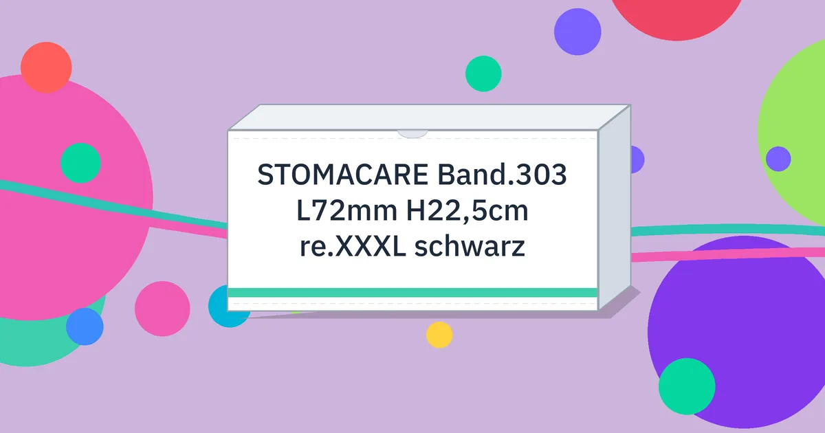 Symbolbild: Packung mit der Aufschrift STOMACARE Band.303 L72mm H22,5cm re.XXXL schwarz (PZN 10841195) – Verfügbarkeit und Bezug in Apotheken in Frankfurt am Main