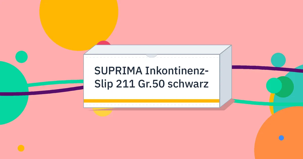 Symbolbild: Packung mit der Aufschrift SUPRIMA Inkontinenz-Slip 211 Gr.50 schwarz (PZN 00709141) – Verfügbarkeit und Bezug in Apotheken in Frankfurt am Main