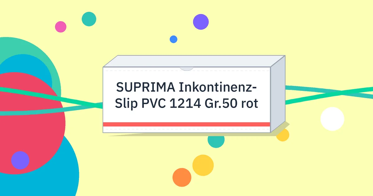 Symbolbild: Packung mit der Aufschrift SUPRIMA Inkontinenz-Slip PVC 1214 Gr.50 rot (PZN 03835573) – Verfügbarkeit und Bezug in Apotheken in Frankfurt am Main