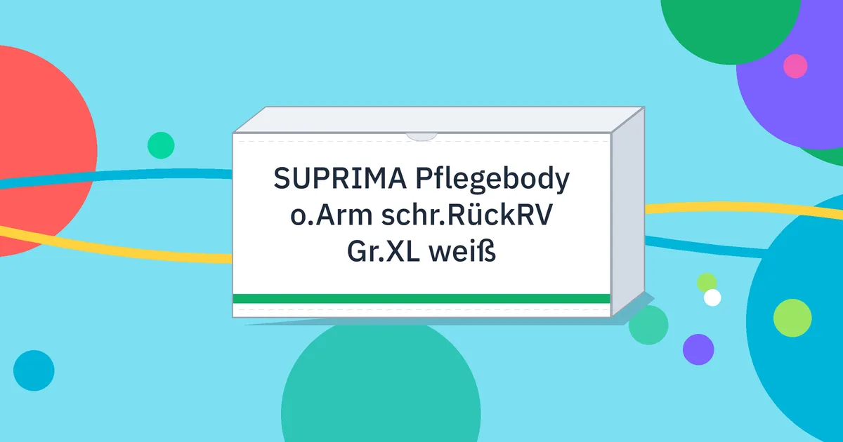 Symbolbild: Packung mit der Aufschrift SUPRIMA Pflegebody o.Arm schr.RückRV Gr.XL weiß (PZN 10227532) – Verfügbarkeit und Bezug in Apotheken in Frankfurt am Main