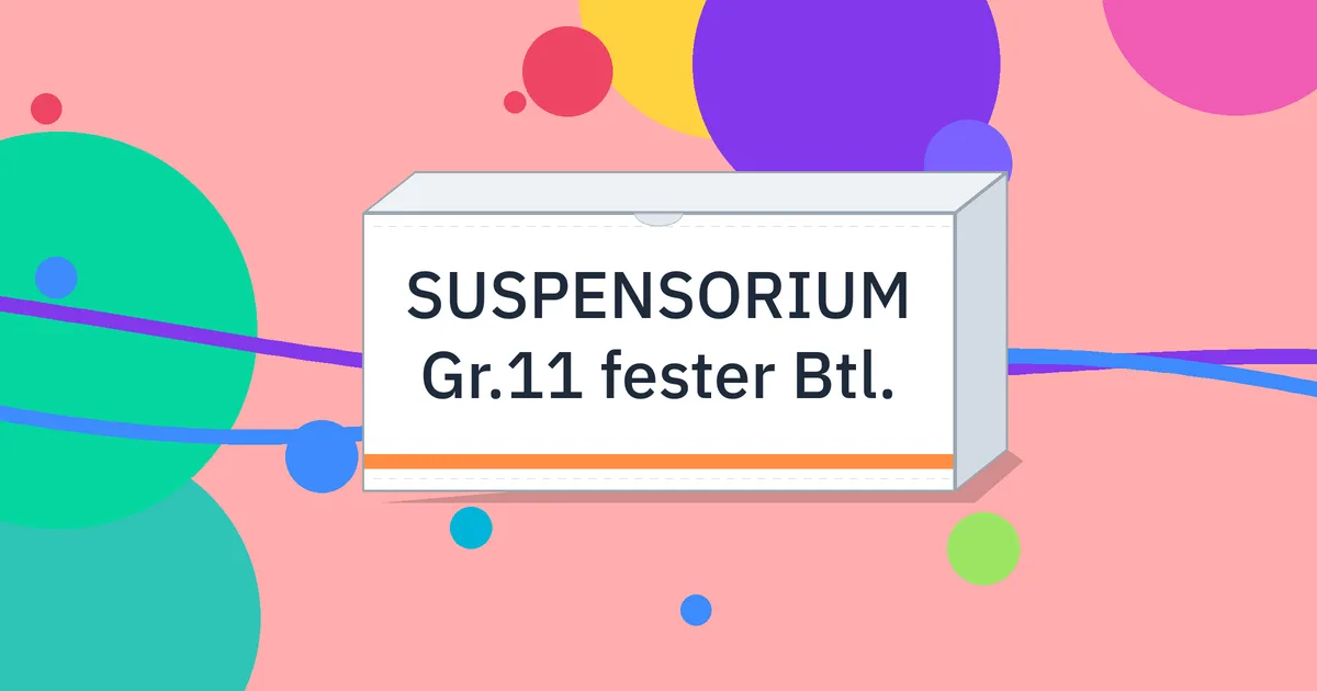 Symbolbild: Packung mit der Aufschrift SUSPENSORIUM Gr.11 fester Btl. (PZN 04865671) – Verfügbarkeit und Bezug in Apotheken in Frankfurt am Main