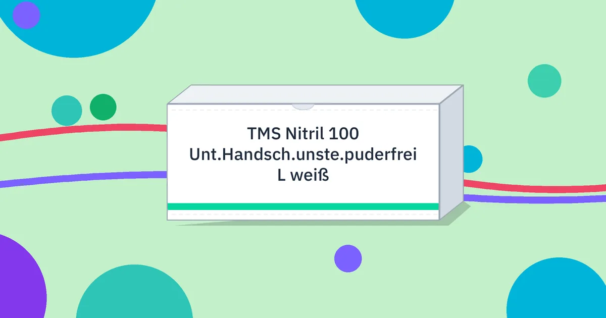 Symbolbild: Packung mit der Aufschrift TMS Nitril 100 Unt.Handsch.unste.puderfrei L weiß (PZN 20650734) – Verfügbarkeit und Bezug in Apotheken in Frankfurt am Main