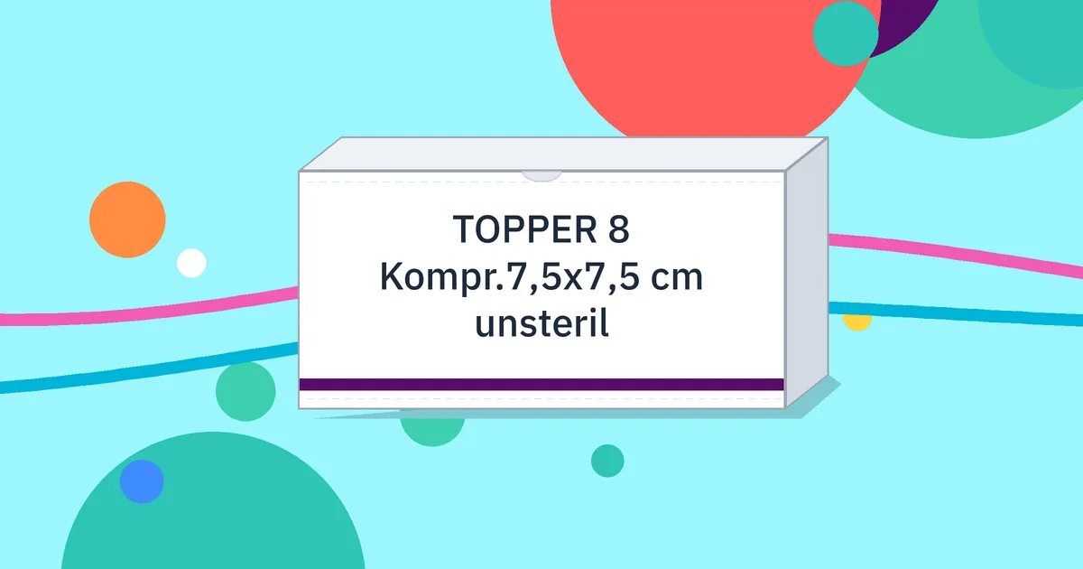 Symbolbild: Packung mit der Aufschrift TOPPER 8 Kompr.7,5x7,5 cm unsteril (PZN 03306797) – Verfügbarkeit und Bezug in Apotheken in Frankfurt am Main