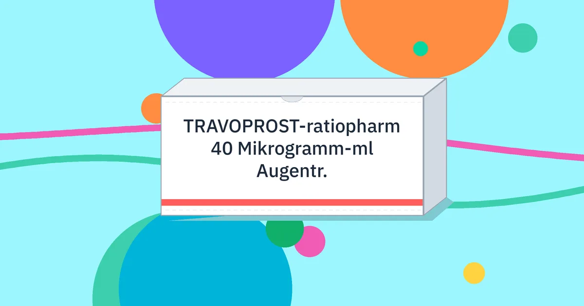 Symbolbild: Packung mit der Aufschrift TRAVOPROST-ratiopharm 40 Mikrogramm-ml Augentr. (PZN 10402840) – Verfügbarkeit und Bezug in Apotheken in Frankfurt am Main