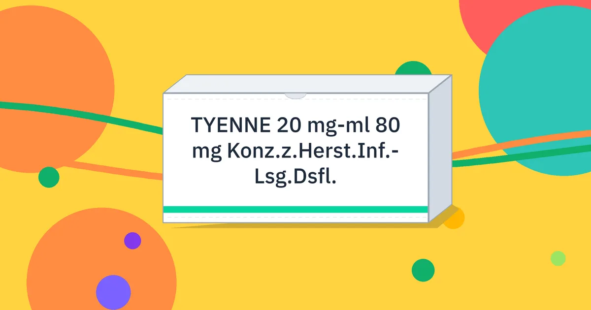 Symbolbild: Packung mit der Aufschrift TYENNE 20 mg-ml 80 mg Konz.z.Herst.Inf.-Lsg.Dsfl. (PZN 19918284) – Verfügbarkeit und Bezug in Apotheken in Frankfurt am Main