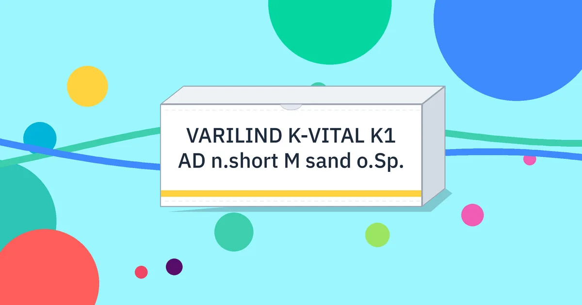 Symbolbild: Packung mit der Aufschrift VARILIND K-VITAL K1 AD n.short M sand o.Sp. (PZN 20566011) – Verfügbarkeit und Bezug in Apotheken in Frankfurt am Main