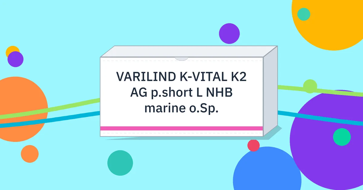 Symbolbild: Packung mit der Aufschrift VARILIND K-VITAL K2 AG p.short L NHB marine o.Sp. (PZN 20564911) – Verfügbarkeit und Bezug in Apotheken in Frankfurt am Main