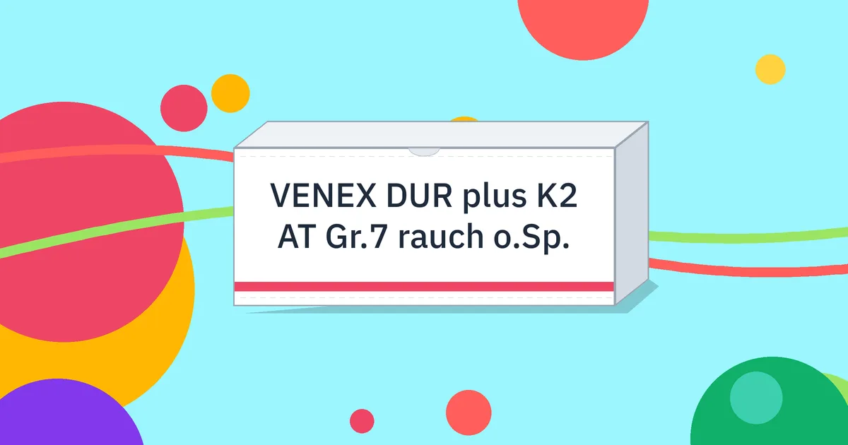 Symbolbild: Packung mit der Aufschrift VENEX DUR plus K2 AT Gr.7 rauch o.Sp. (PZN 03234514) – Verfügbarkeit und Bezug in Apotheken in Frankfurt am Main