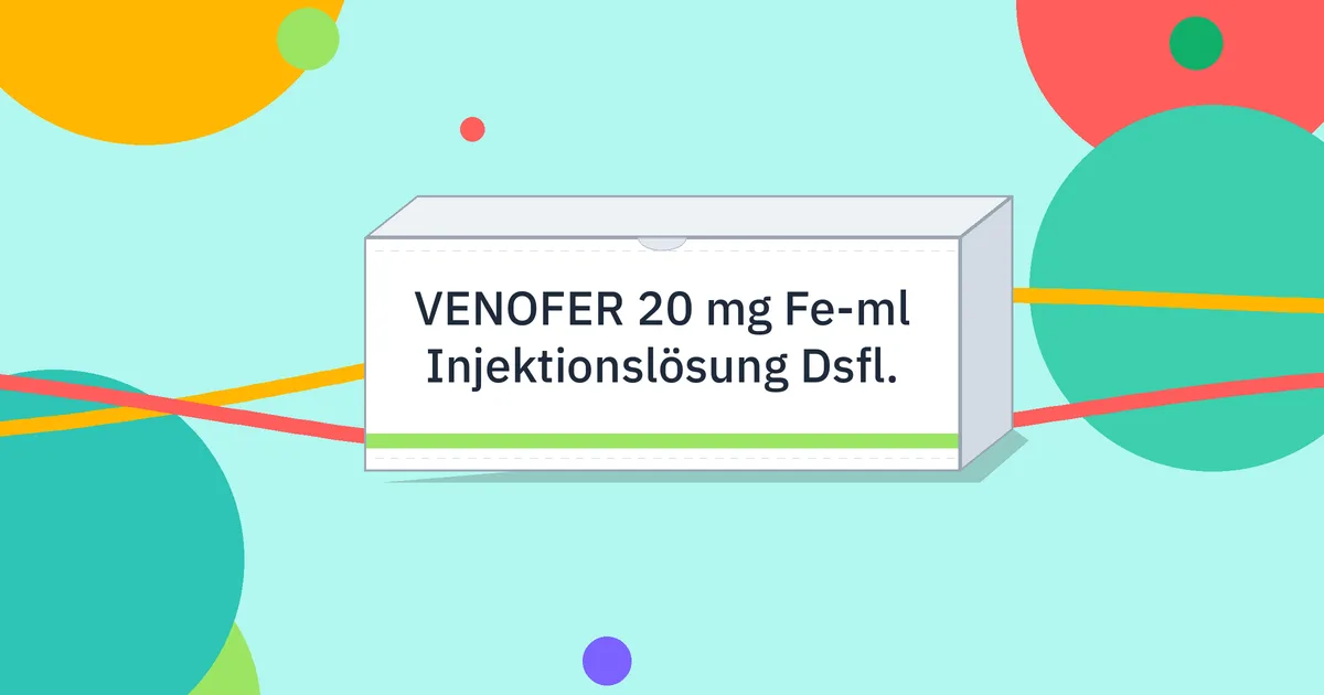Symbolbild: Packung mit der Aufschrift VENOFER 20 mg Fe-ml Injektionslösung Dsfl. (PZN 06118748) – Verfügbarkeit und Bezug in Apotheken in Frankfurt am Main