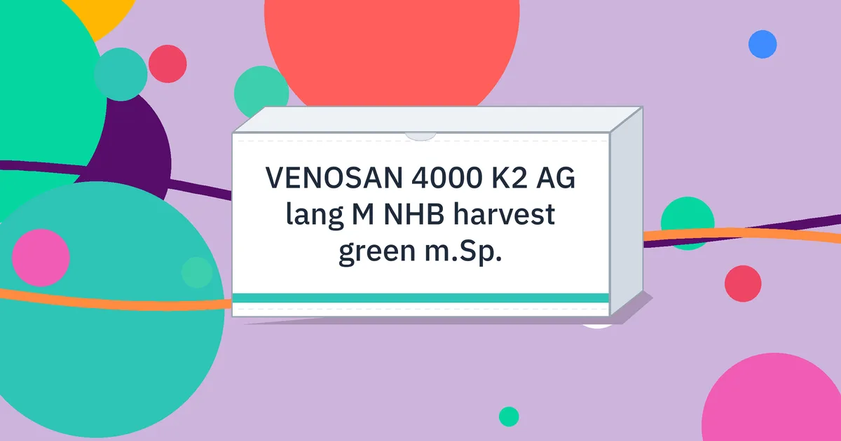 Symbolbild: Packung mit der Aufschrift VENOSAN 4000 K2 AG lang M NHB harvest green m.Sp. (PZN 18847748) – Verfügbarkeit und Bezug in Apotheken in Frankfurt am Main