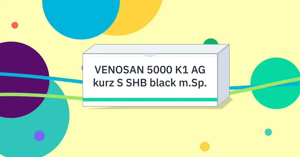 Symbolbild: Packung mit der Aufschrift VENOSAN 5000 K1 AG kurz S SHB black m.Sp. (PZN 14432944) – Verfügbarkeit und Bezug in Apotheken in Frankfurt am Main