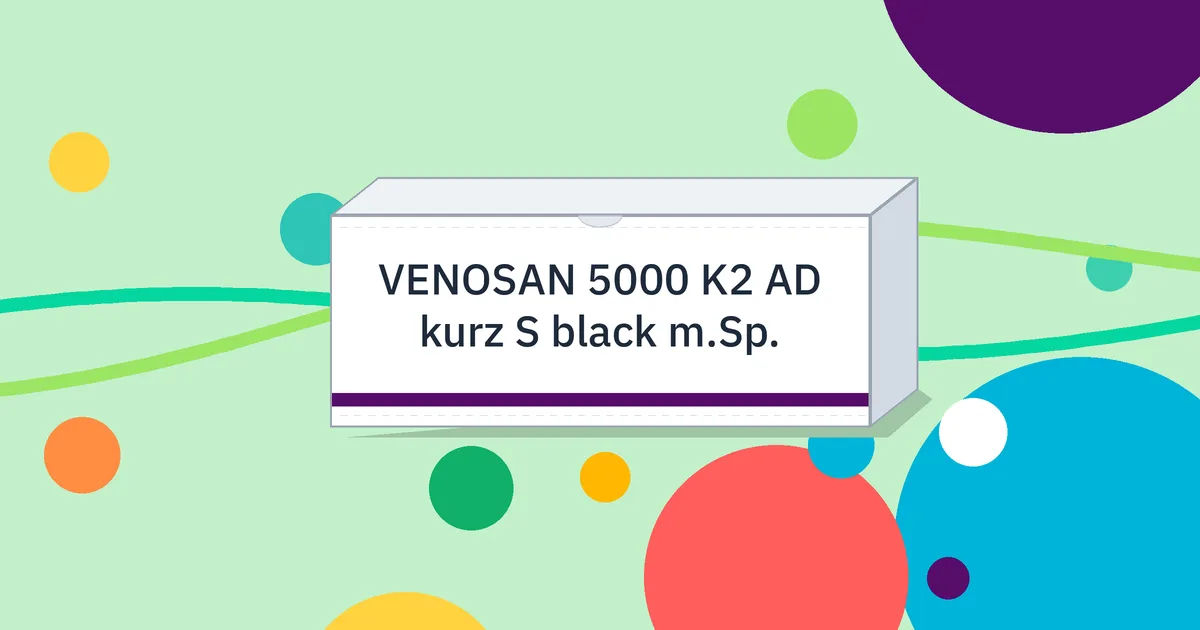 Symbolbild: Packung mit der Aufschrift VENOSAN 5000 K2 AD kurz S black m.Sp. (PZN 14433211) – Verfügbarkeit und Bezug in Apotheken in Frankfurt am Main