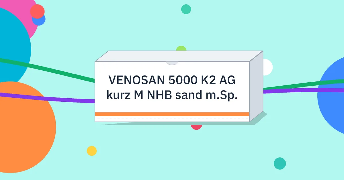 Symbolbild: Packung mit der Aufschrift VENOSAN 5000 K2 AG kurz M NHB sand m.Sp. (PZN 14429014) – Verfügbarkeit und Bezug in Apotheken in Frankfurt am Main